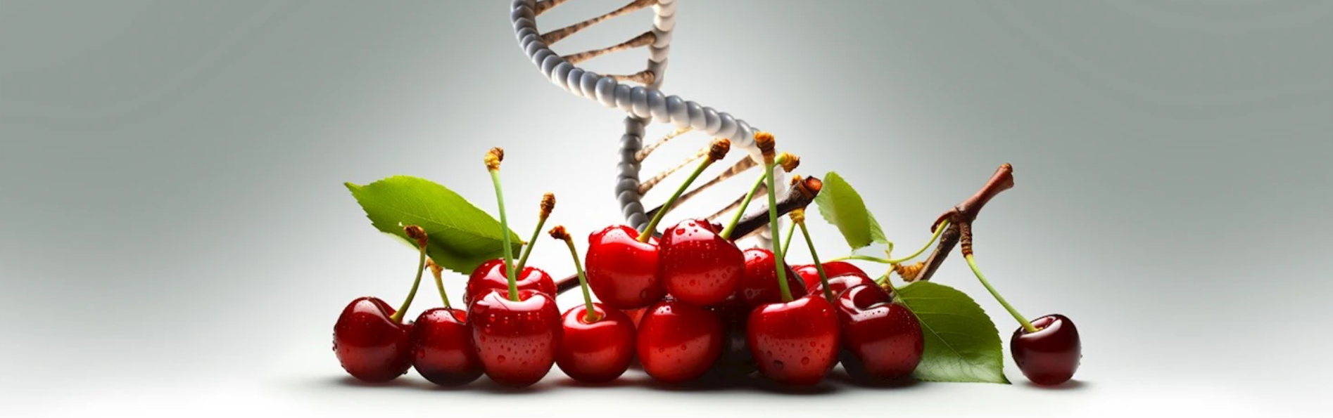 A pile of cherries with a DNA strand behind it